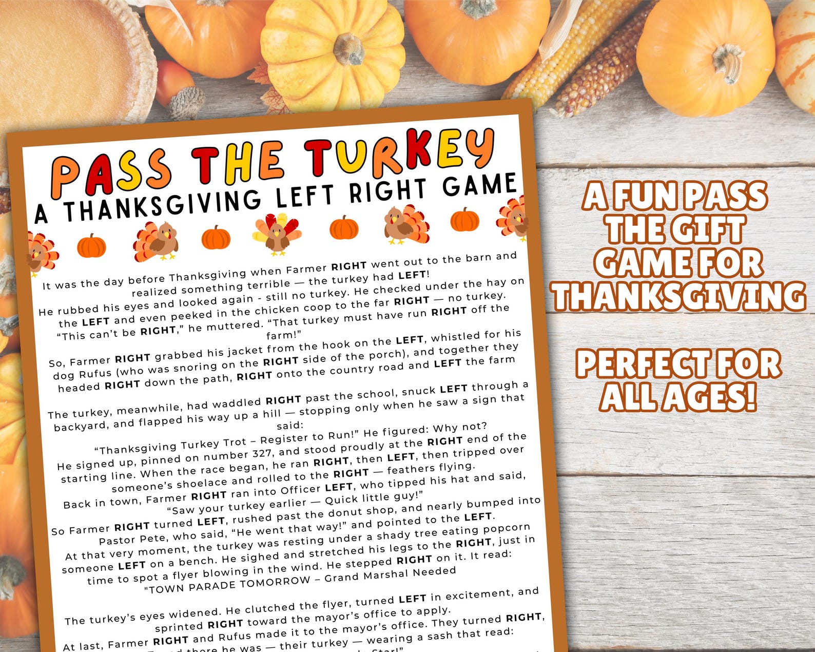 Pass the Turkey Thanksgiving Left Right Game, Thanksgiving Pass the ...