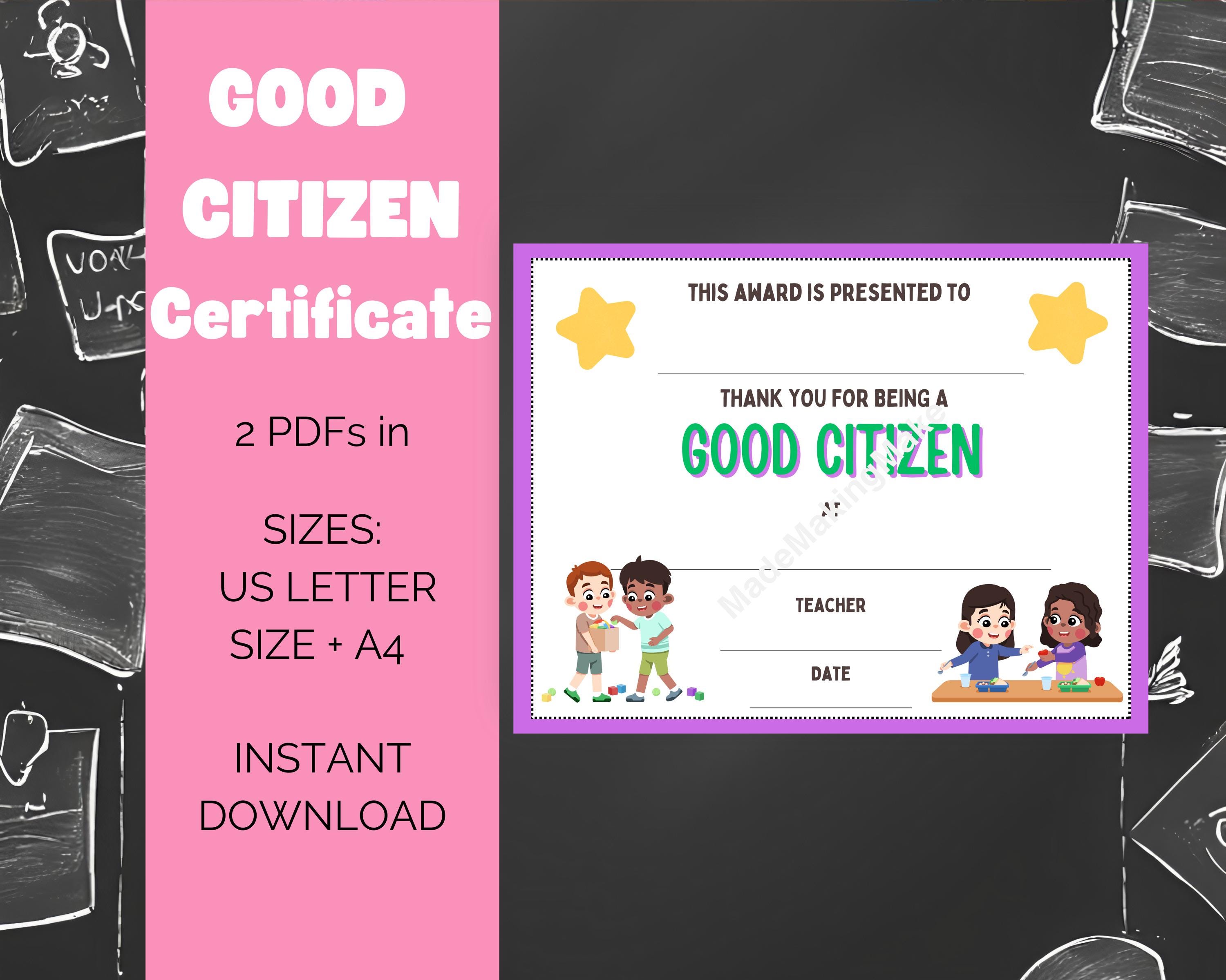 Good Citizen School Award, Kindergarten Congratulations, Elementary ...
