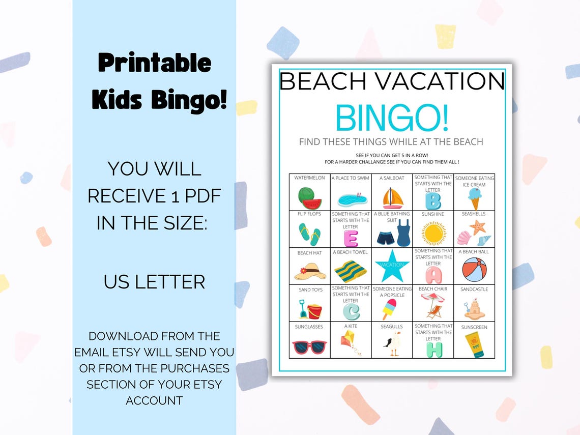 Kids Beach Vacation Bingo, Kids Activities, Bingo for Kids, Kids Summer ...