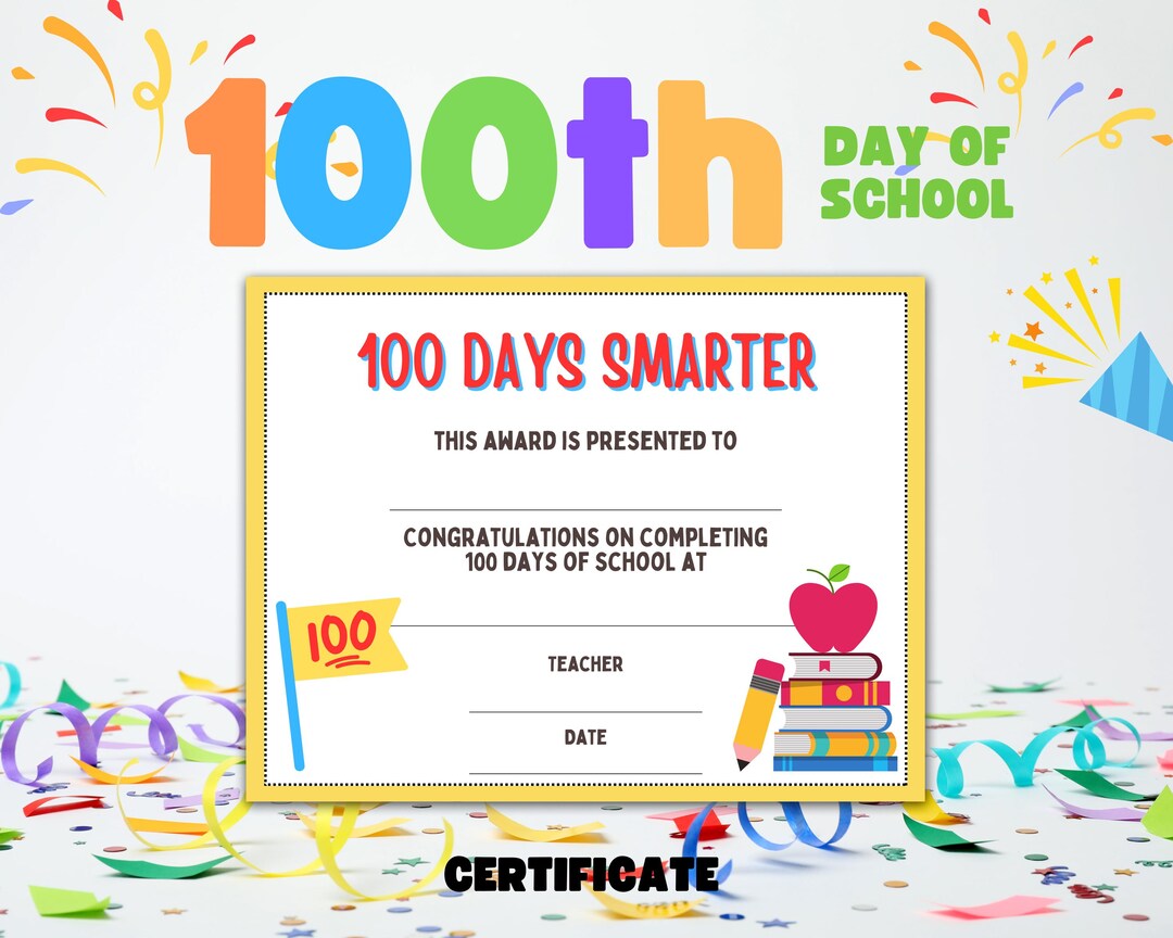 100th Day of School Certificate, 100th Day Congratulations, 100 Days ...
