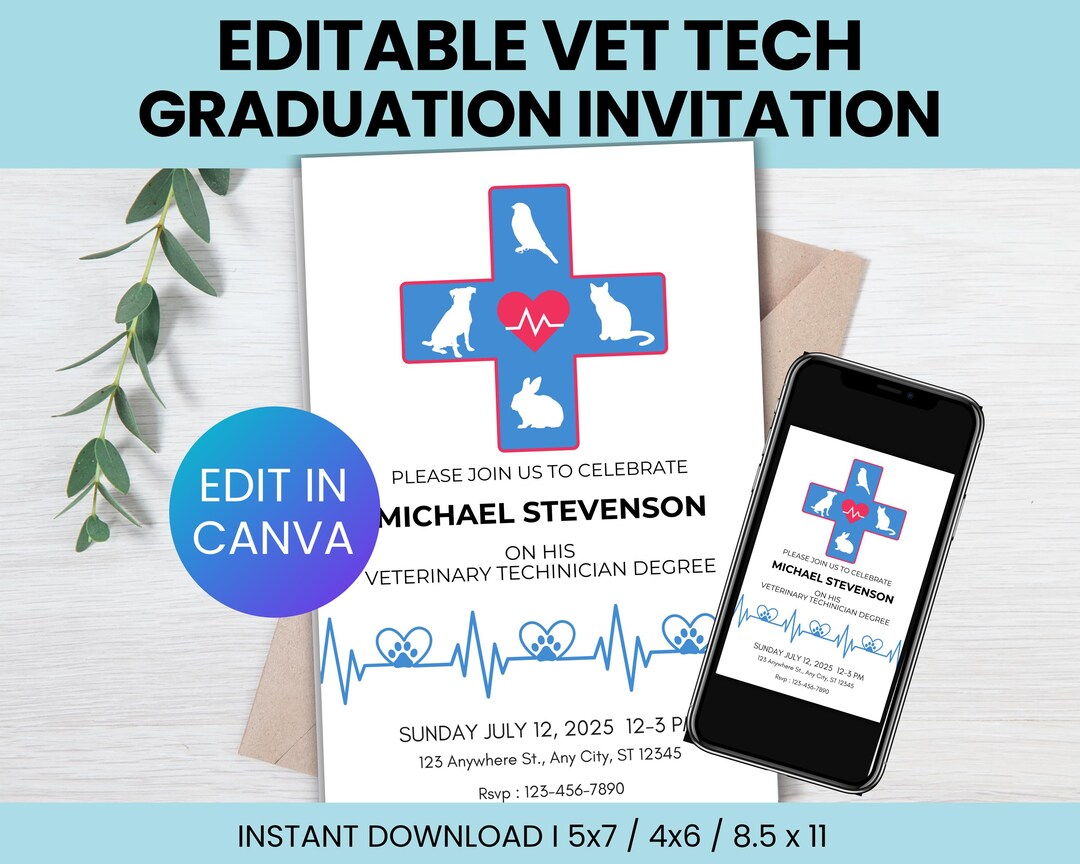 Editable Vet Tech Graduation Invitation Template, Vet Tech Graduation ...