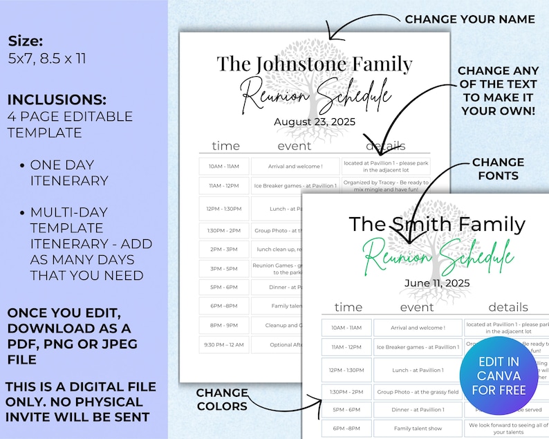 Editable Family Reunion Itinerary Template, Family Reunion Agenda ...
