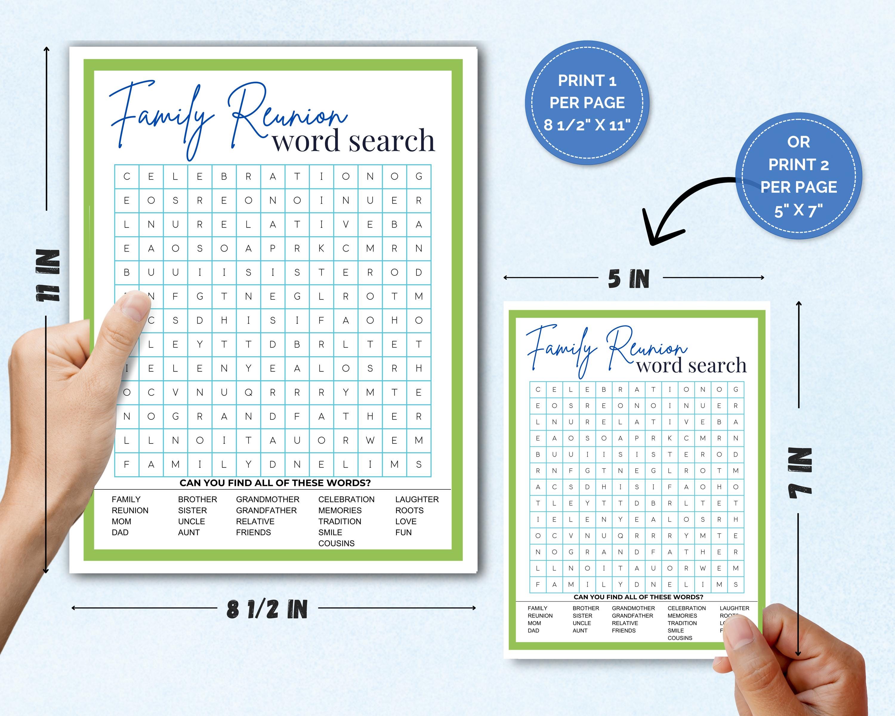 Family Reunion Word Search, Family Reunion Games, Printable Reunion ...