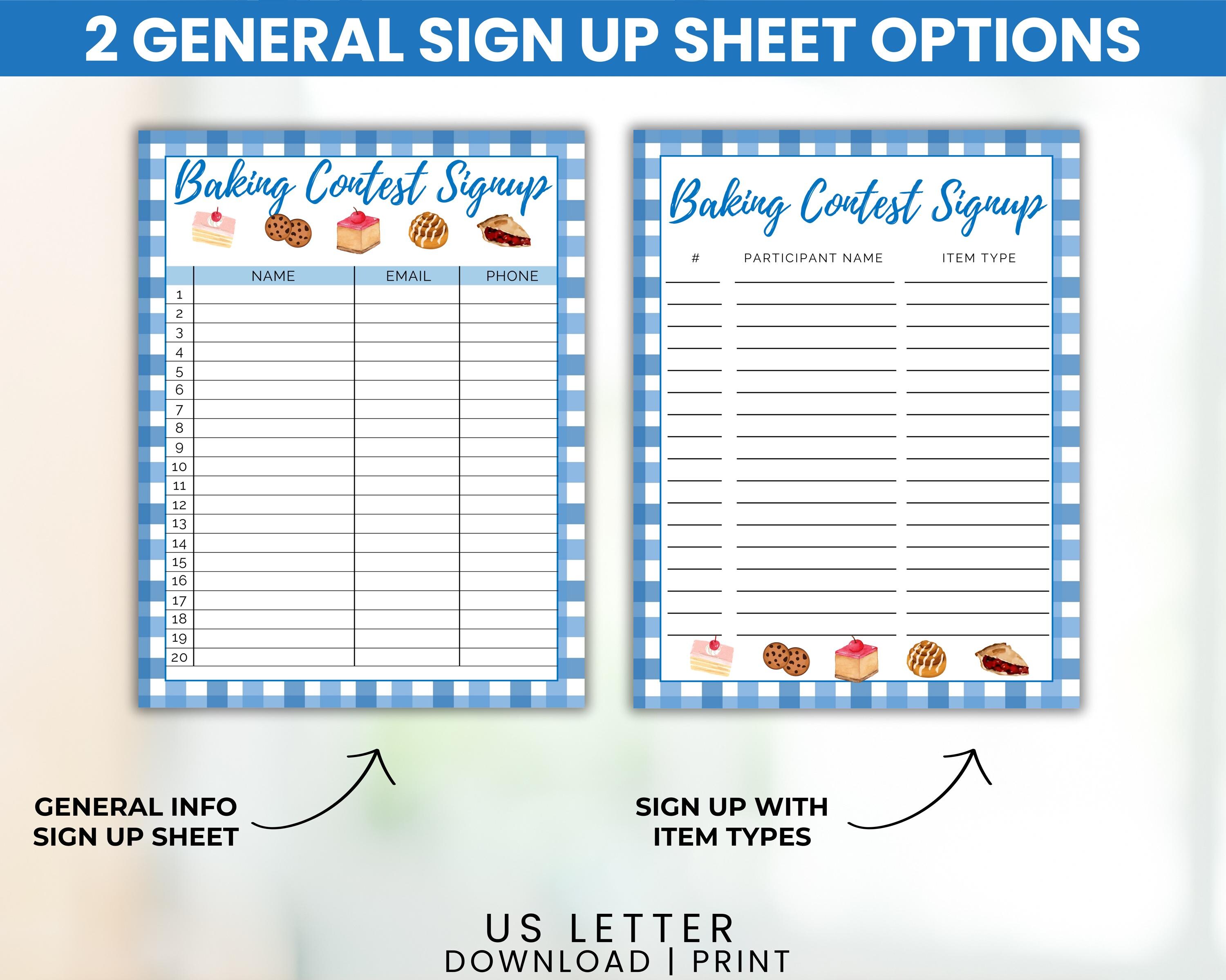 Baking Contest Sign up Sheet, Baking Competition Signup Sheets, Bake ...
