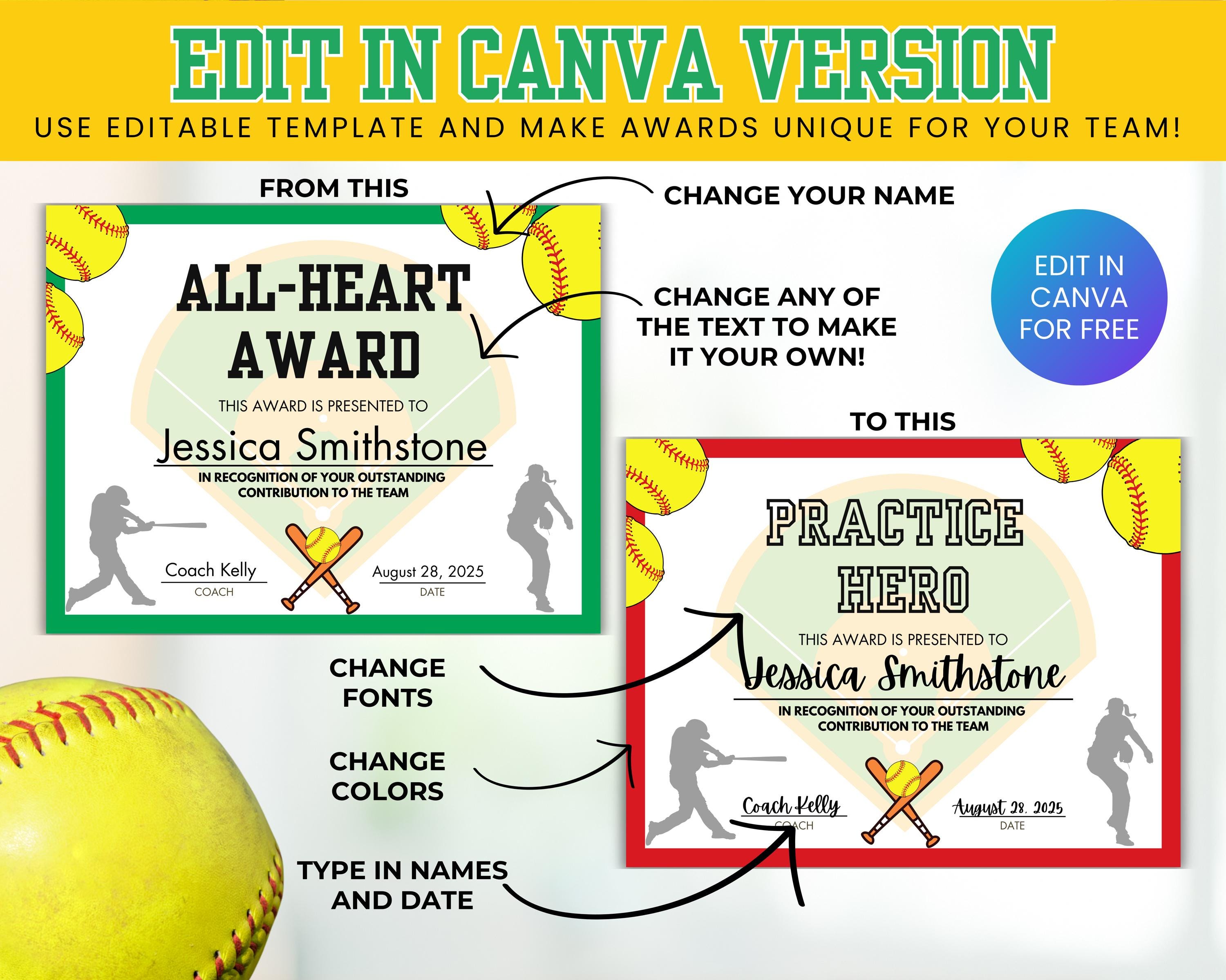 Editable Softball Awards, Funny Softball Awards, End of Season Award ...
