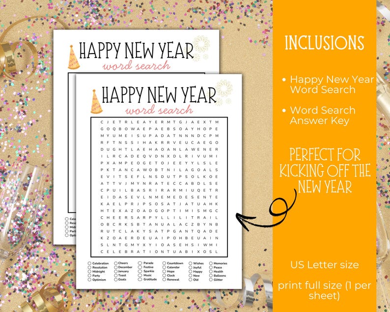 Happy New Year Word Search, New Year Word Search for Adults, Printable ...