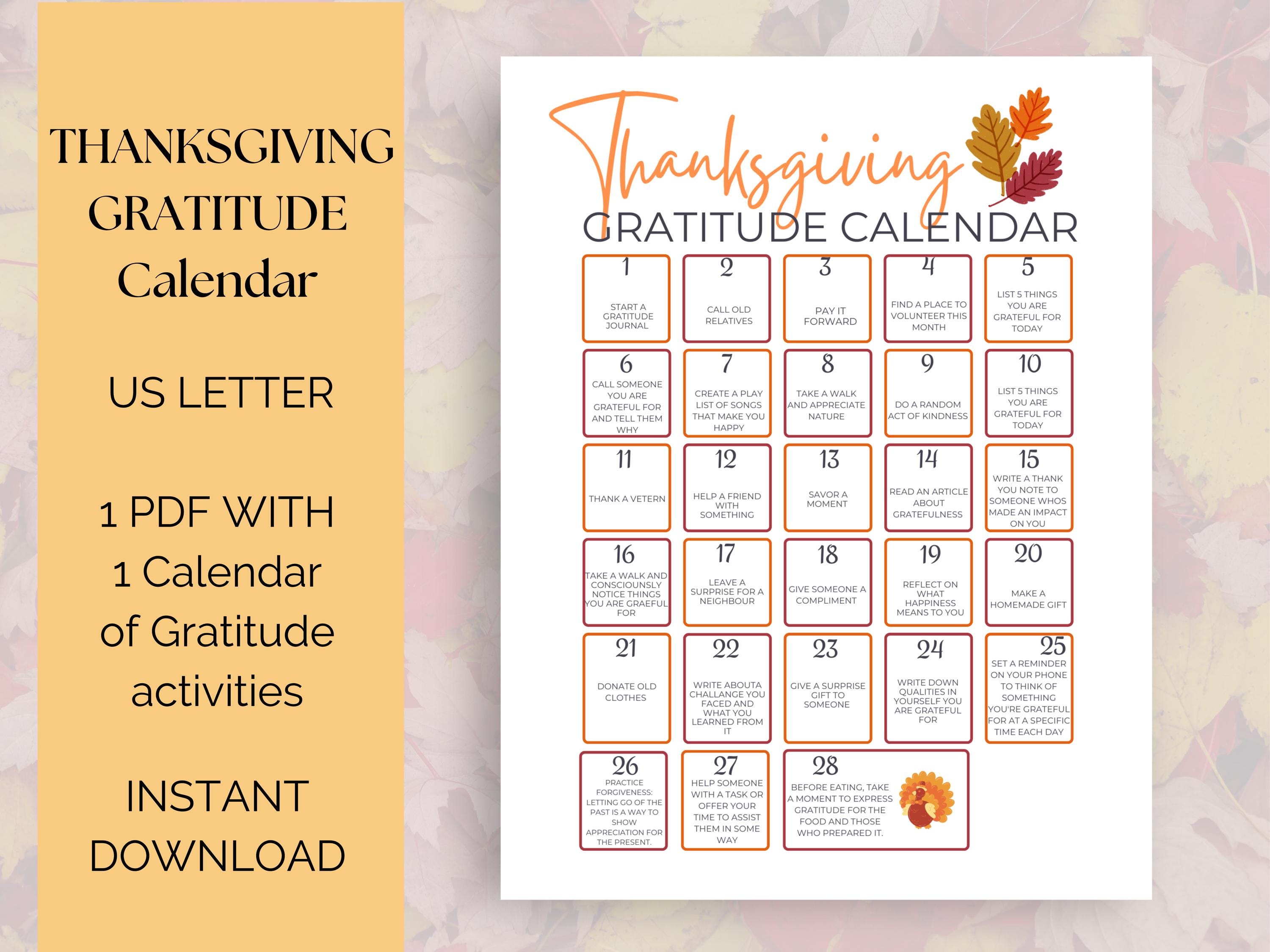 Adult Thanksgiving Gratitude Calendar, Gratitude Calendar, Thanksgiving ...
