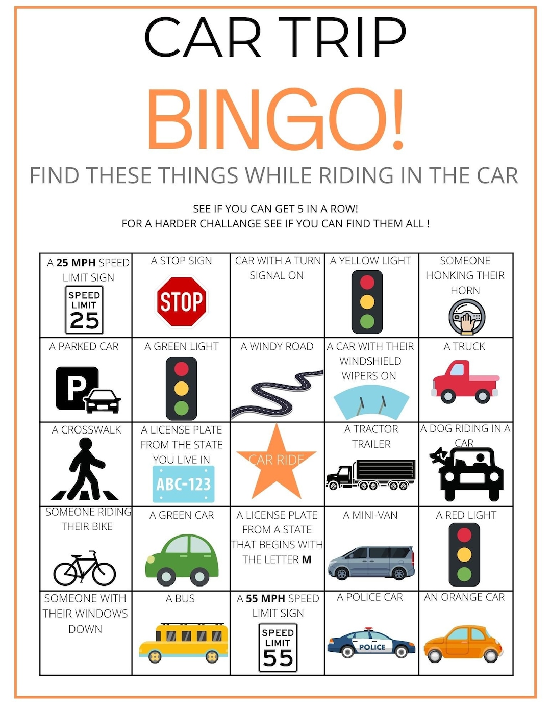 Kids Car Trip Bingo, Kids Car Games, Car Trip Game for Kids, Kids Bingo ...