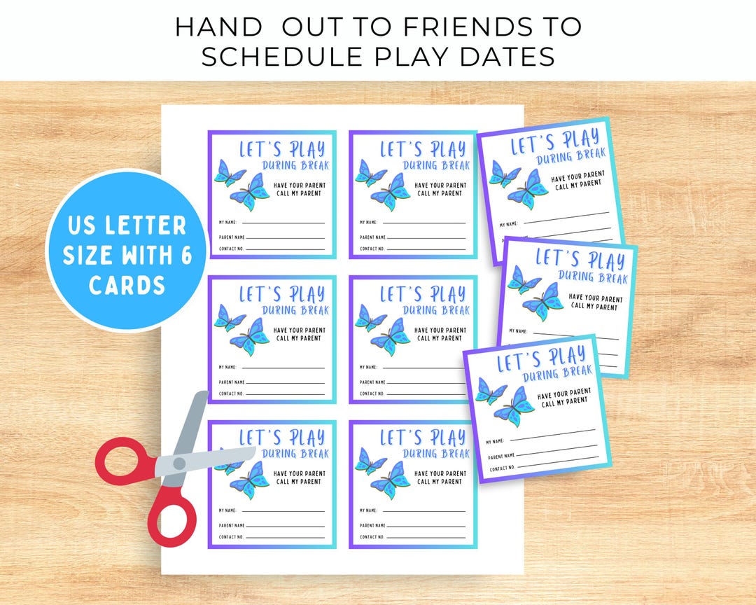 Butterfly Play Date Card, Kids Playdate Cards, Parent Contact Cards ...