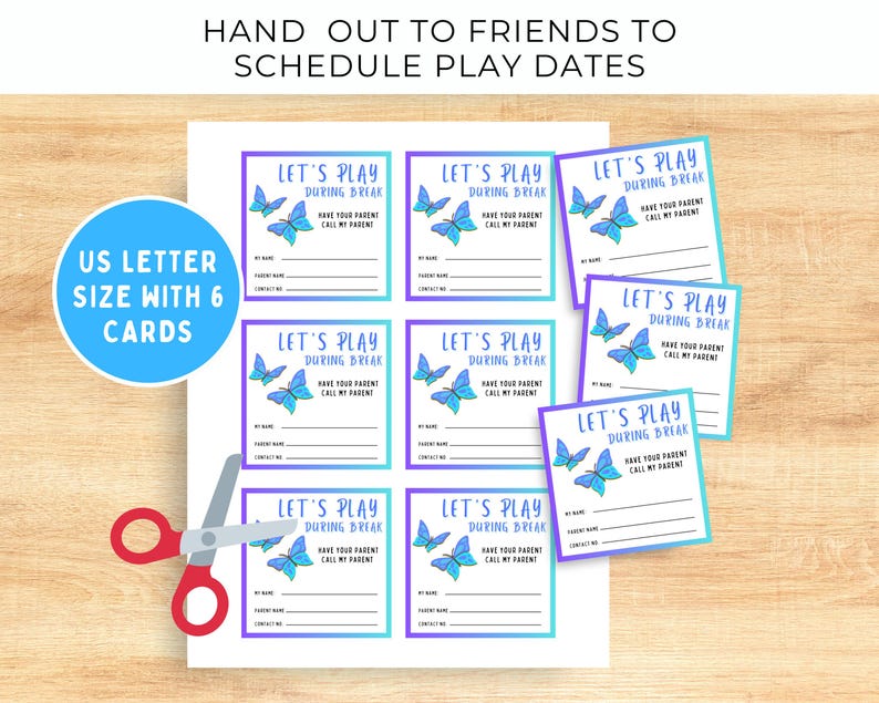 Butterfly Play Date Card, Kids Playdate Cards, Parent Contact Cards ...