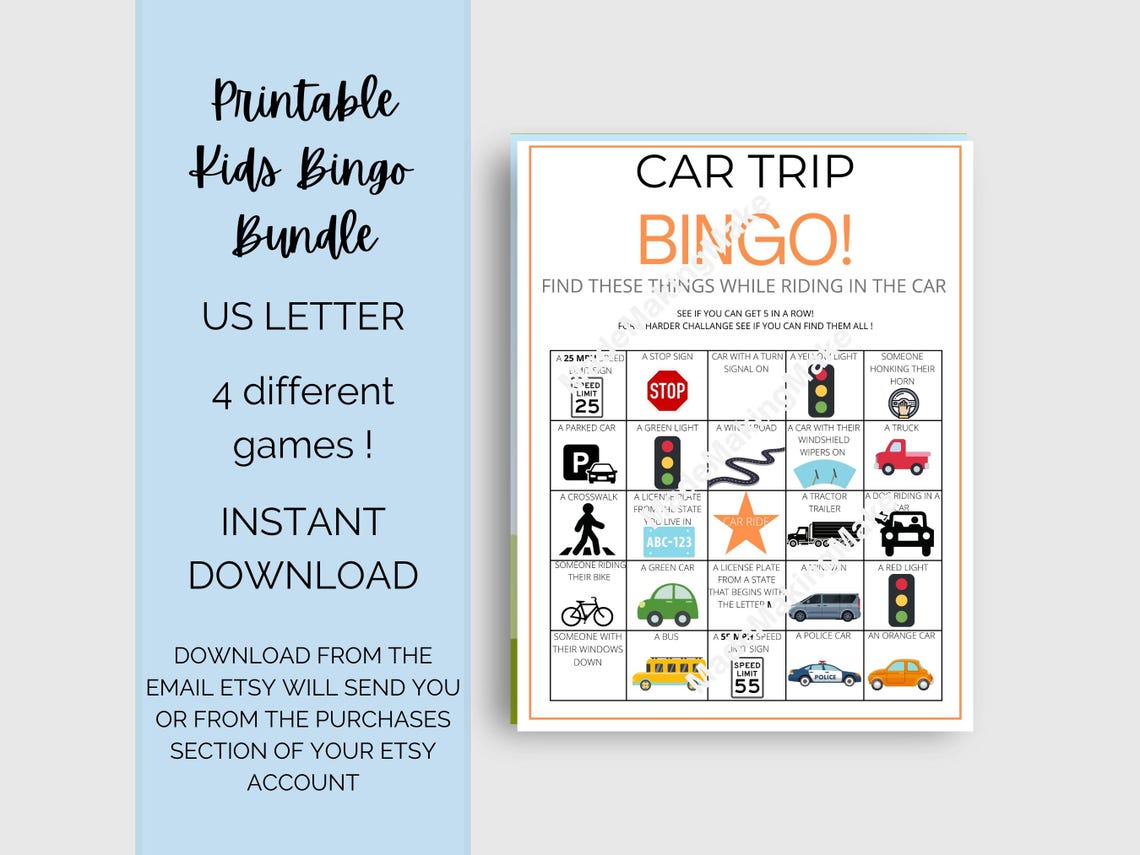Kids Car Trip Bingo, Kids Car Games, Car Trip Game for Kids, Kids Bingo ...
