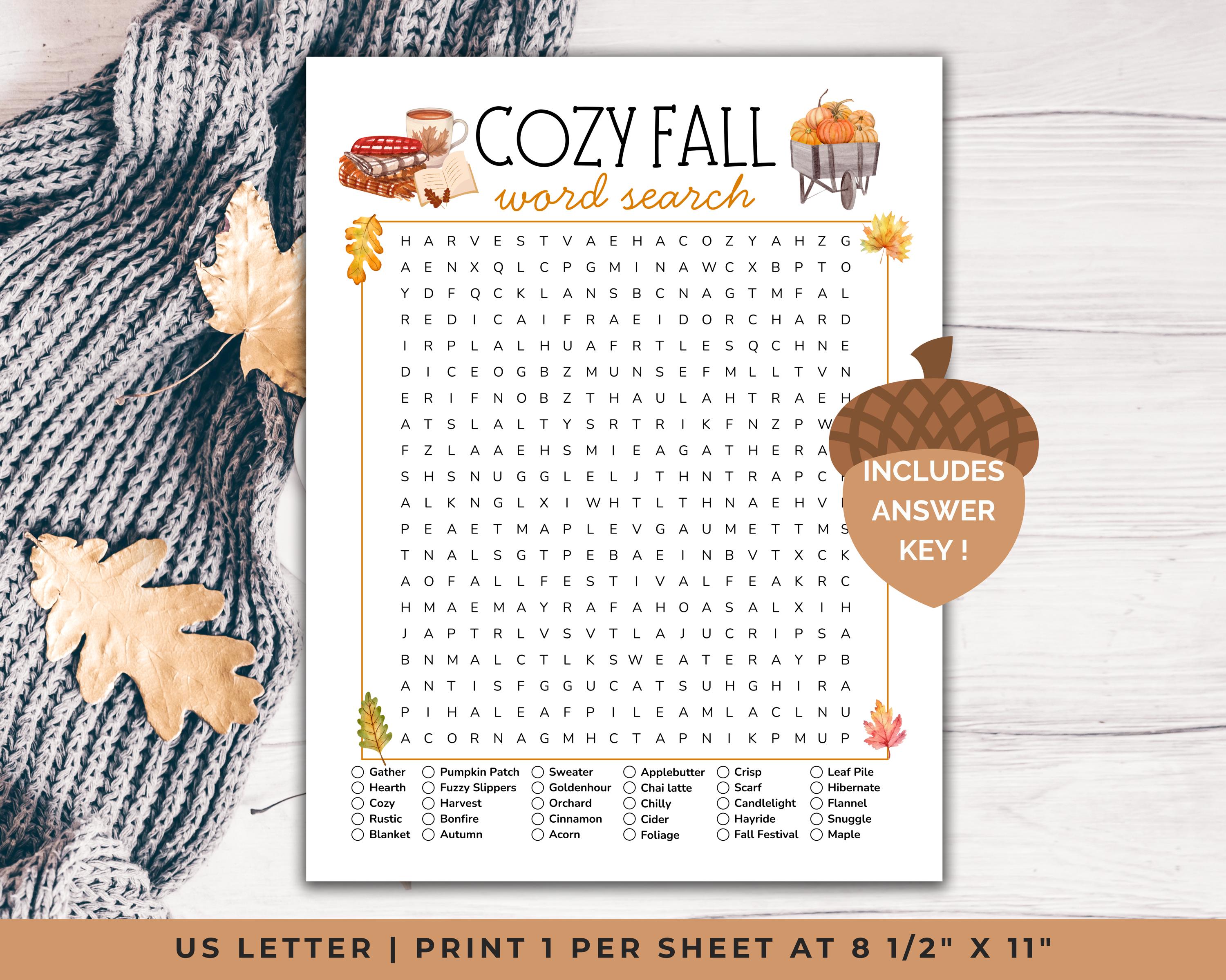 Cozy Fall Word Search, Fall Word Search for Adults, Autumn Word Game ...