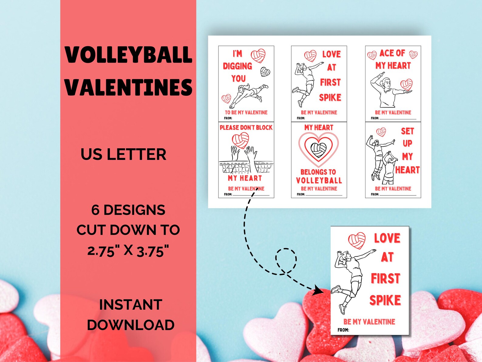 Girls Volleyball Valentine's, Printable Volleyball Valentine Bundle ...