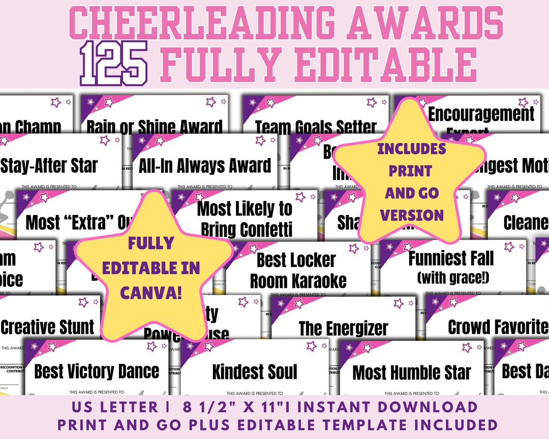 Editable Cheerleading Awards, Funny Cheerleading Awards, End of Season ...