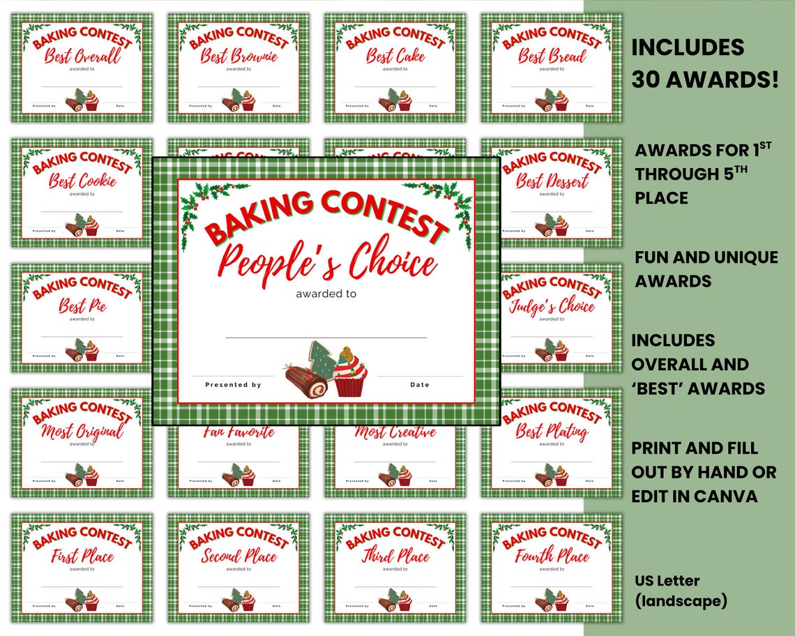Editable Holiday Baking Contest Awards, Baking Competition Certificates ...