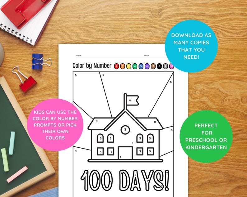 100th Day of School Color by Number, Kids 100th Day of School Coloring ...
