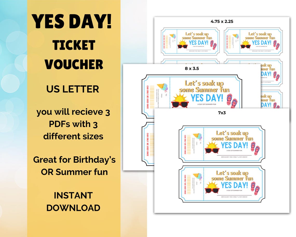 Summer Yes Day Printable Tickets, Printable Yes Day Ticket, Summer ...