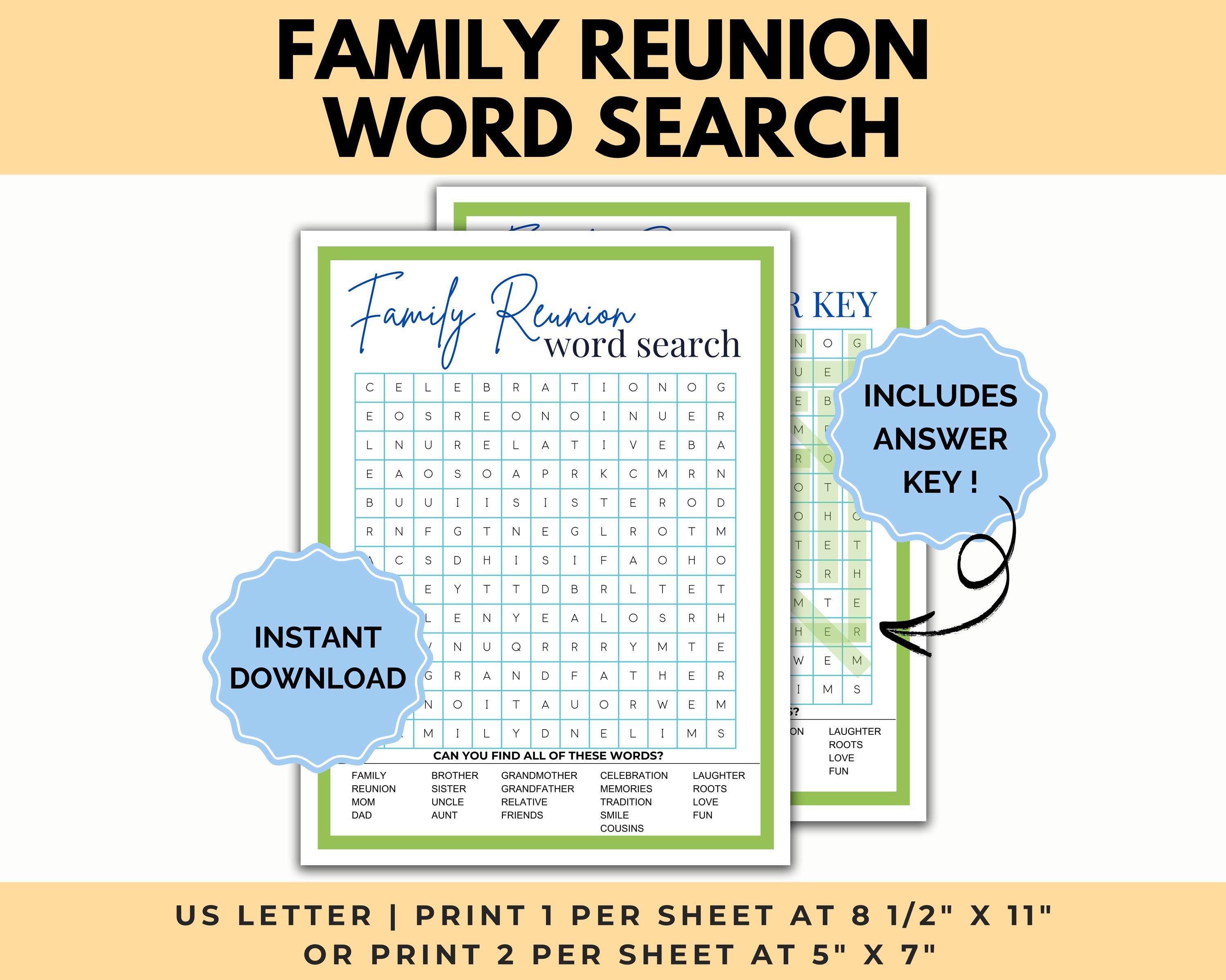 Family Reunion Word Search, Family Reunion Games, Printable Reunion ...