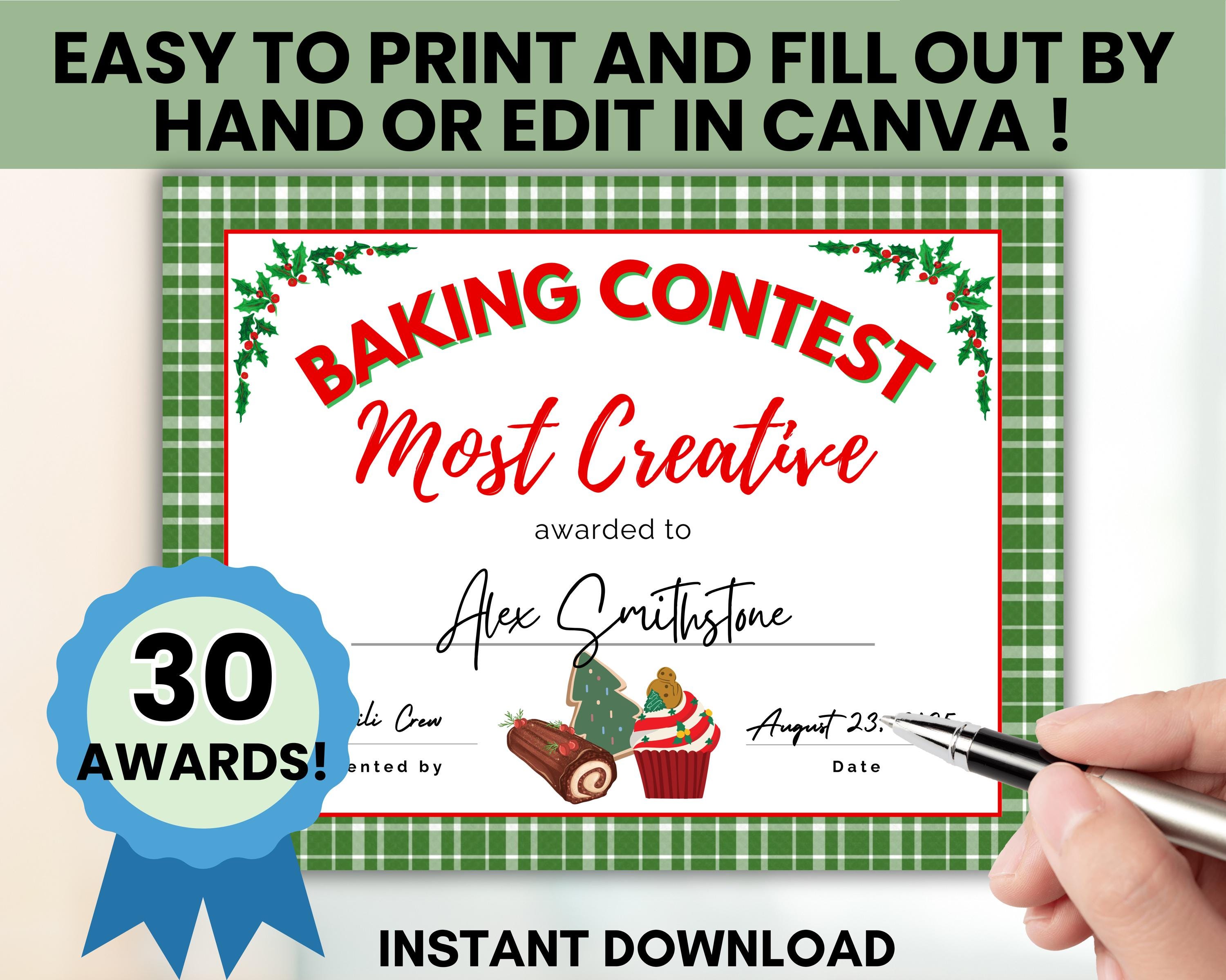 Editable Holiday Baking Contest Awards, Baking Competition Certificates ...