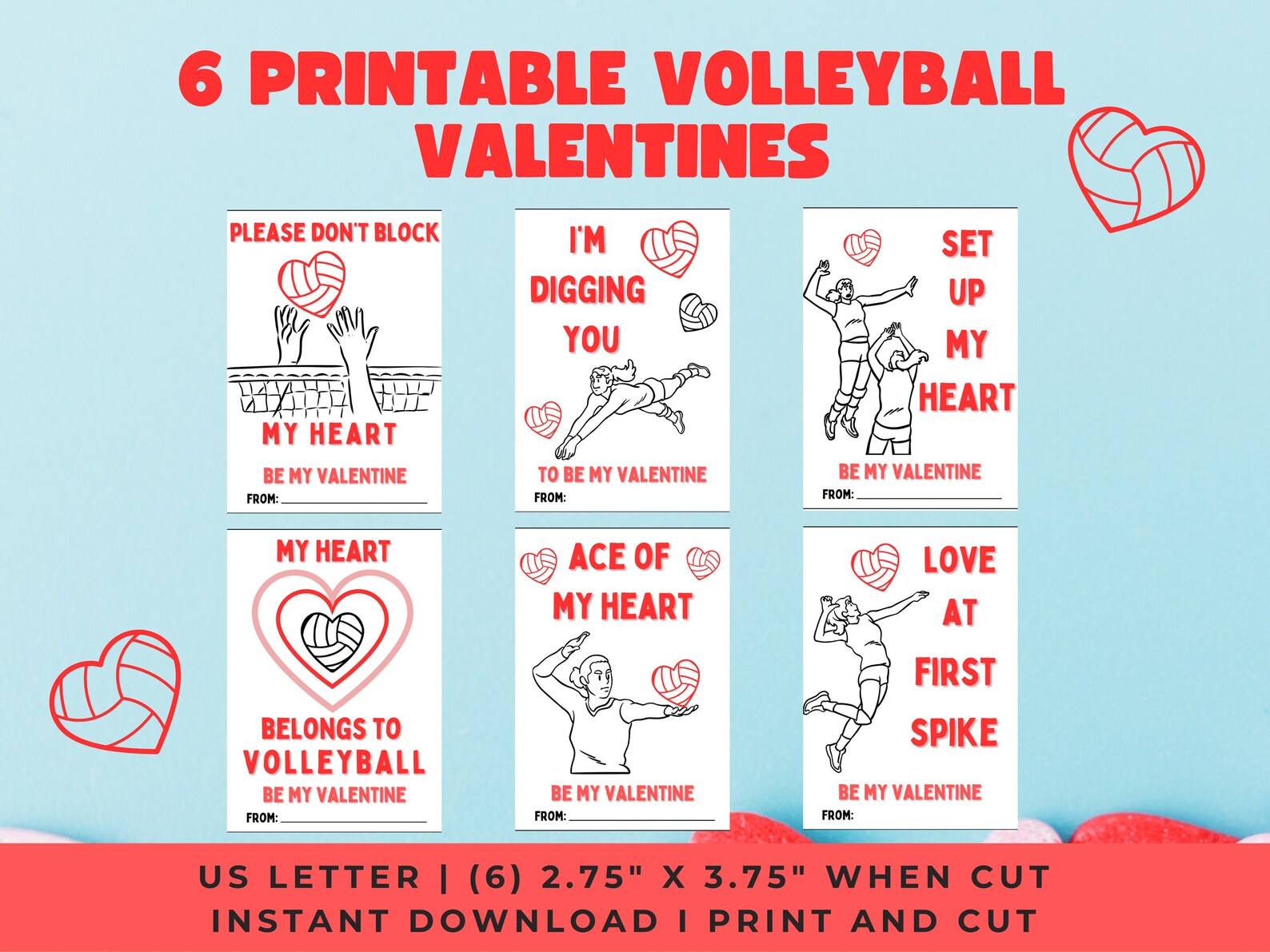 Girls Volleyball Valentine's, Printable Volleyball Valentine Bundle ...