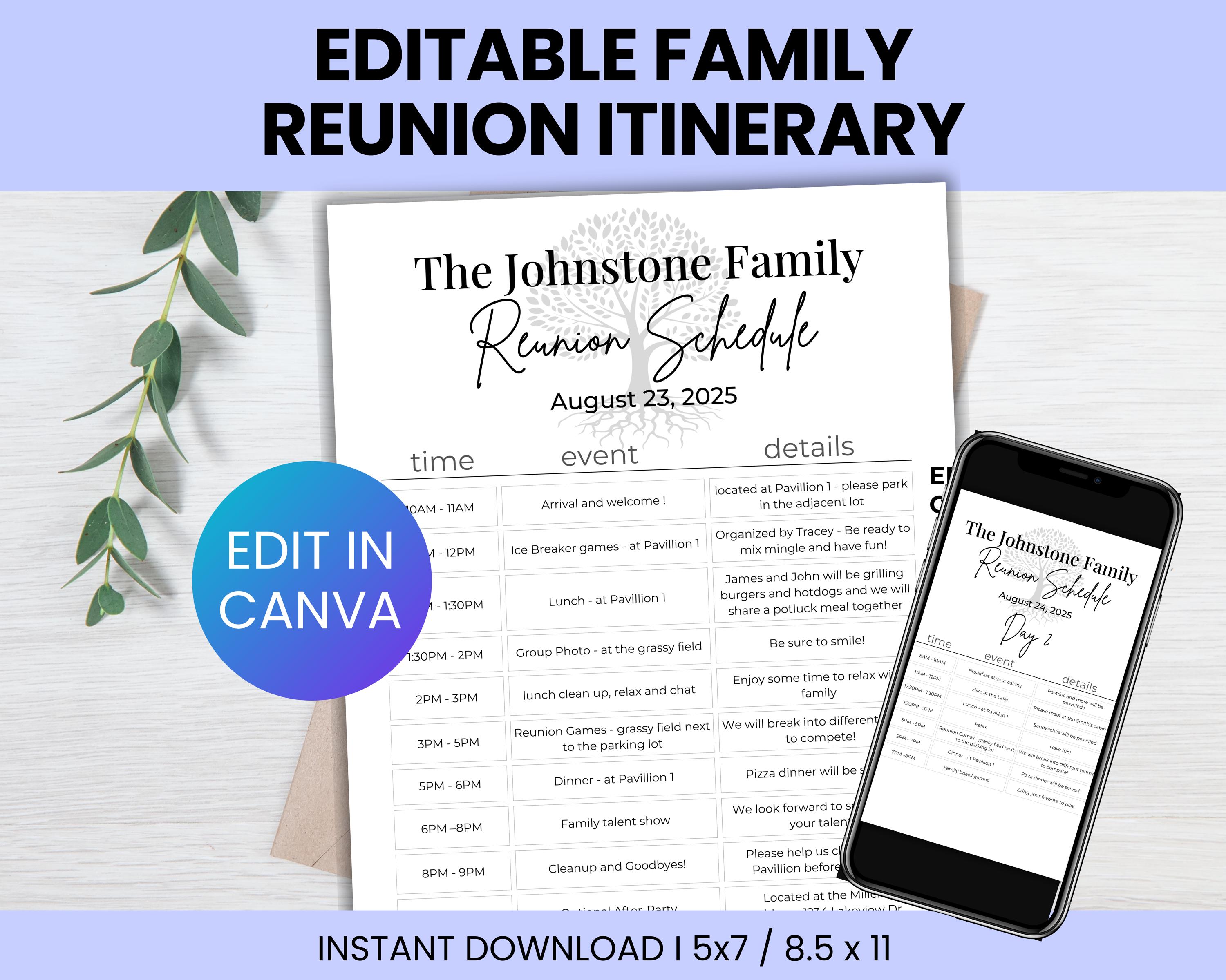 Editable Family Reunion Itinerary Template, Family Reunion Agenda ...