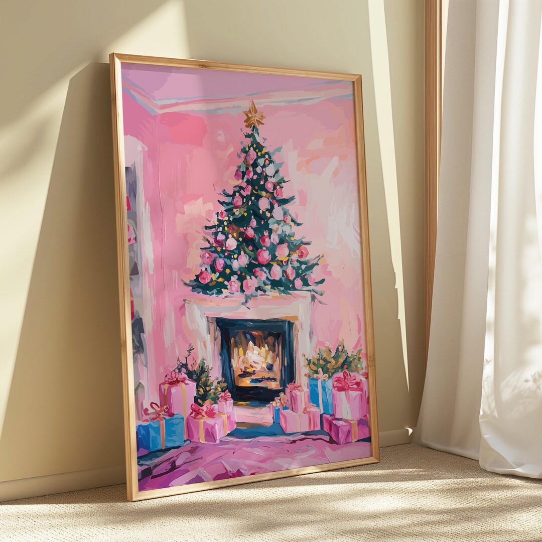 Preppy Pink Christmas Living Room Scene Picture, Girly Christmas Tree ...