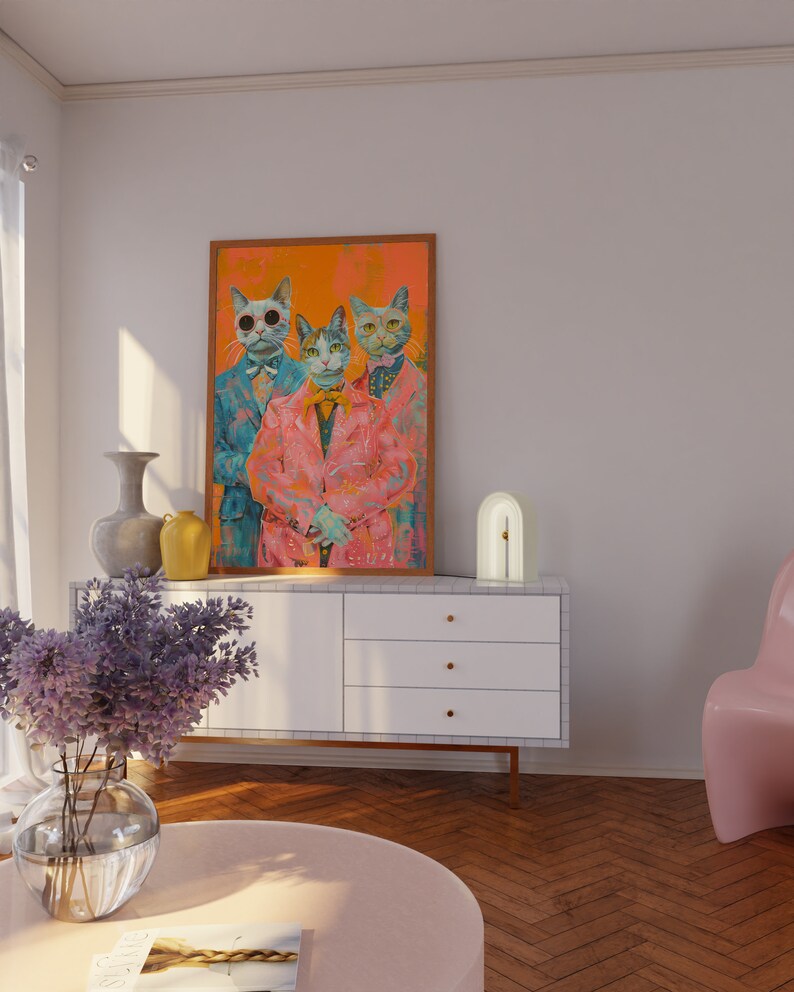 Funny Cats Poster, Maximalist Wall Art, Cute Apartment Decor, Orange ...