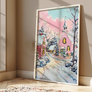 Pink Winter Christmas Village Wall Art, Chic Pastel Winter Painting, Cute Girly Wall Art, Pink ...