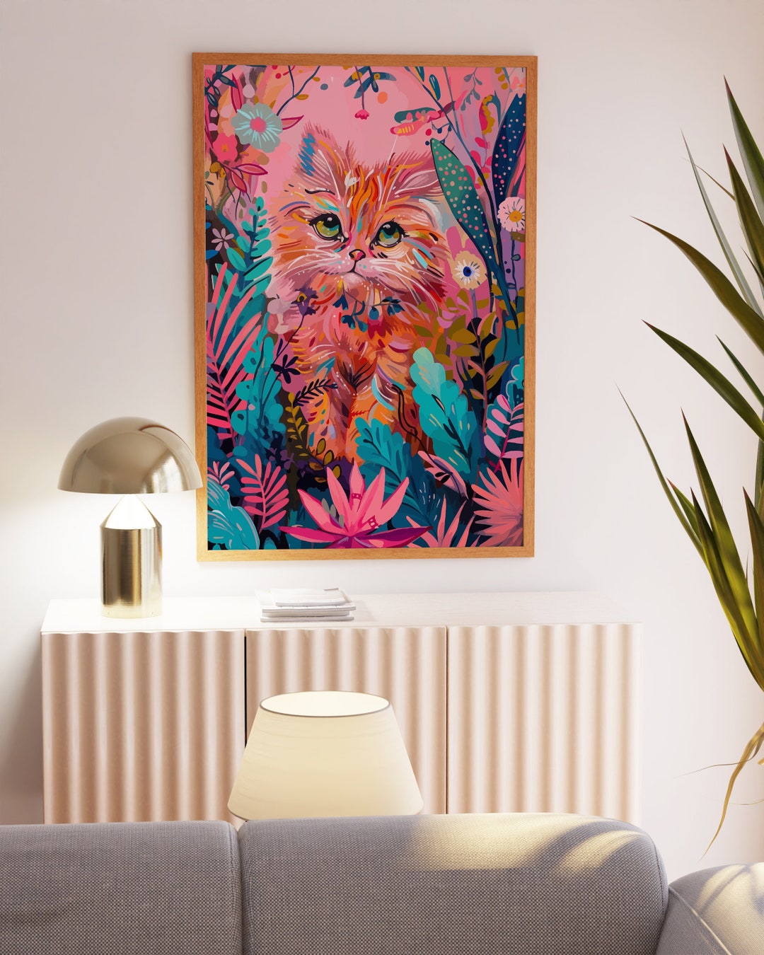 Pink Cat Poster, Floral Cat Painting, Cat Lover Gift, Maximalist Cute ...