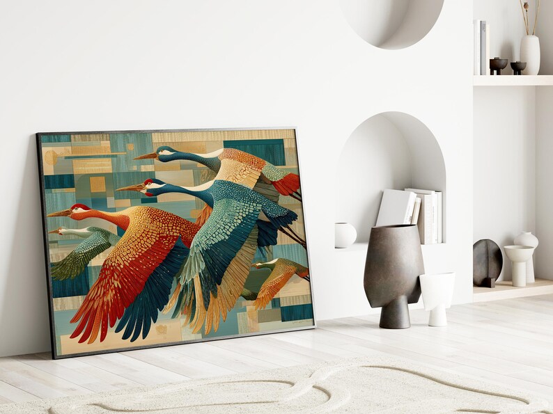 Geometric Crane Art Print, Colorful Bird Poster, Mid Century Wall Decor ...