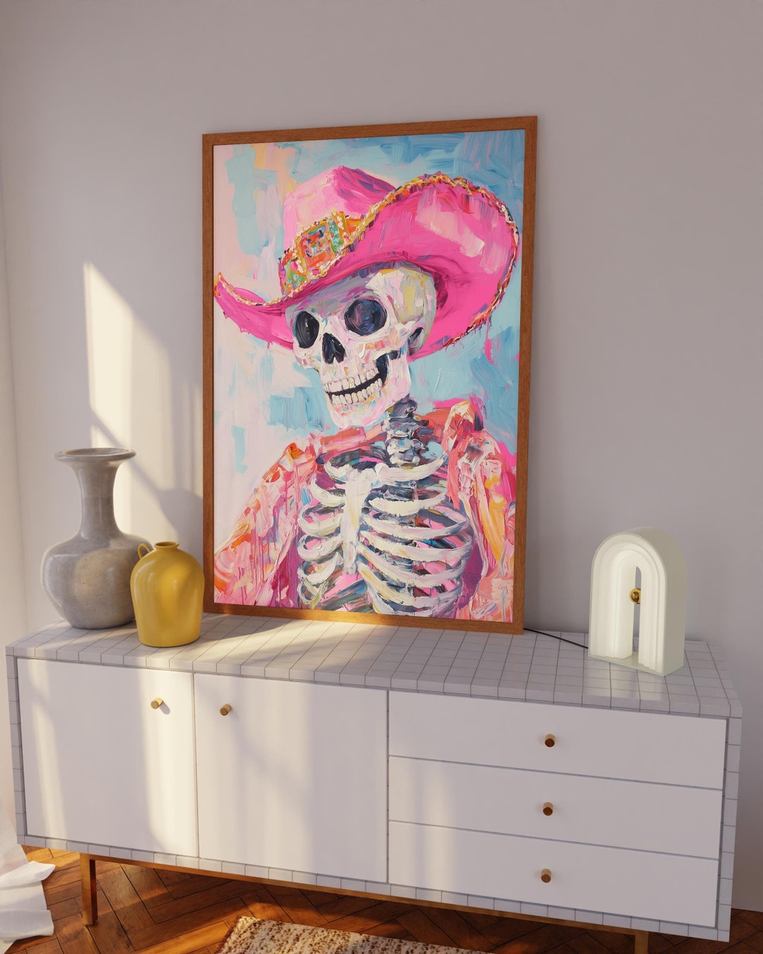 Colorful Skeleton Cowgirl Art Print, Pink Hat Skeleton Wall Art ...