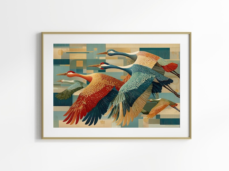 Geometric Crane Art Print, Colorful Bird Poster, Mid Century Wall Decor ...