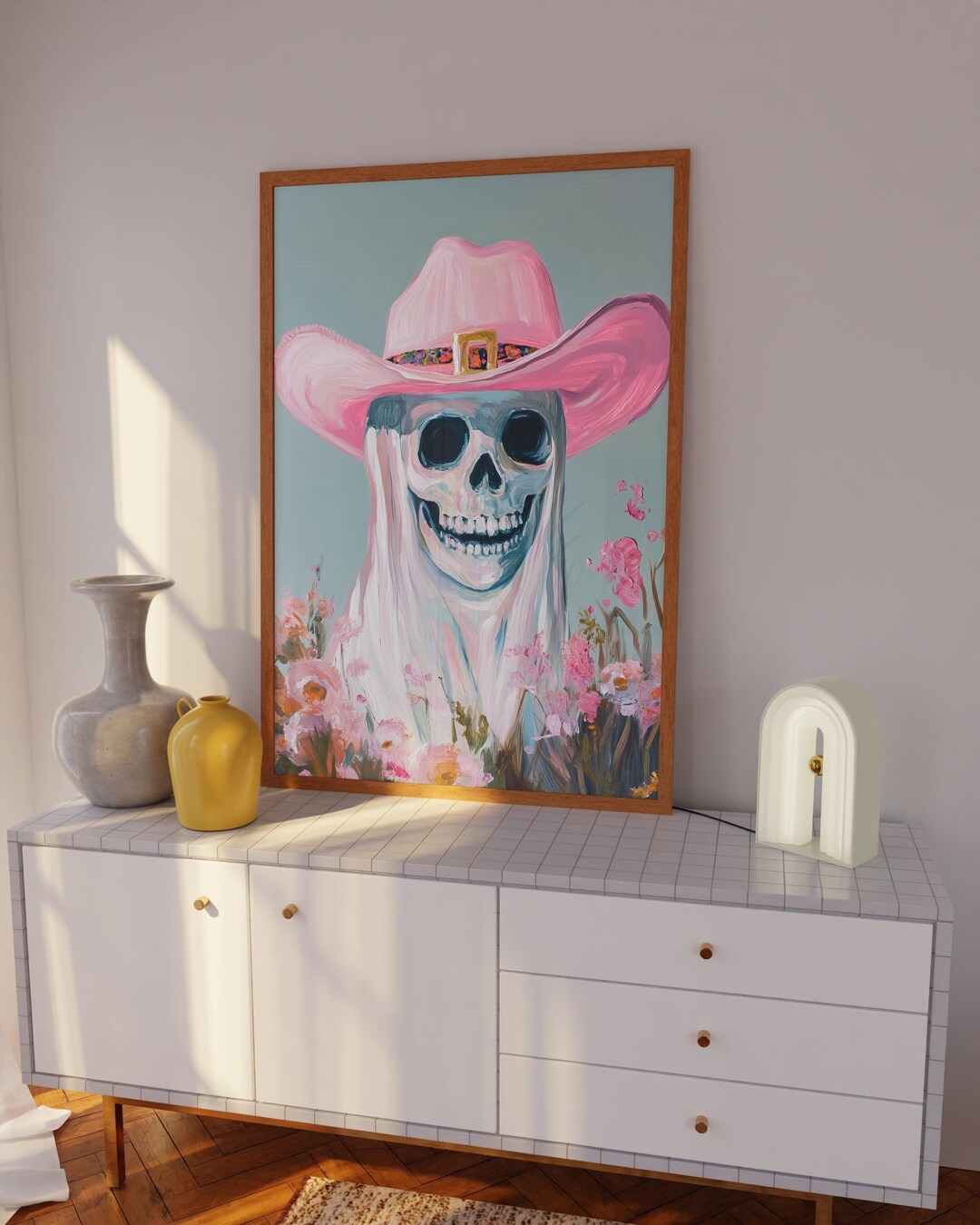 Smiling Skeleton Cowgirl Art Print, Pink Hat Skeleton Halloween Wall ...