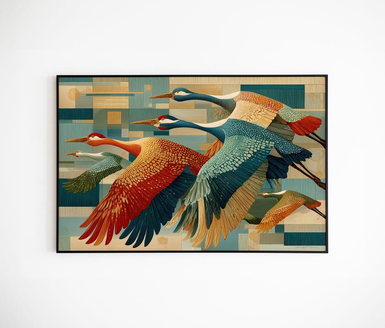 Geometric Crane Art Print, Colorful Bird Poster, Mid Century Wall Decor ...