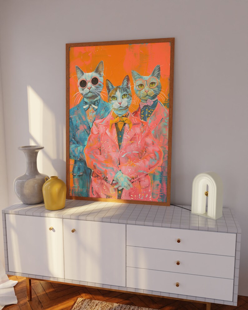 Funny Cats Poster, Maximalist Wall Art, Cute Apartment Decor, Orange ...