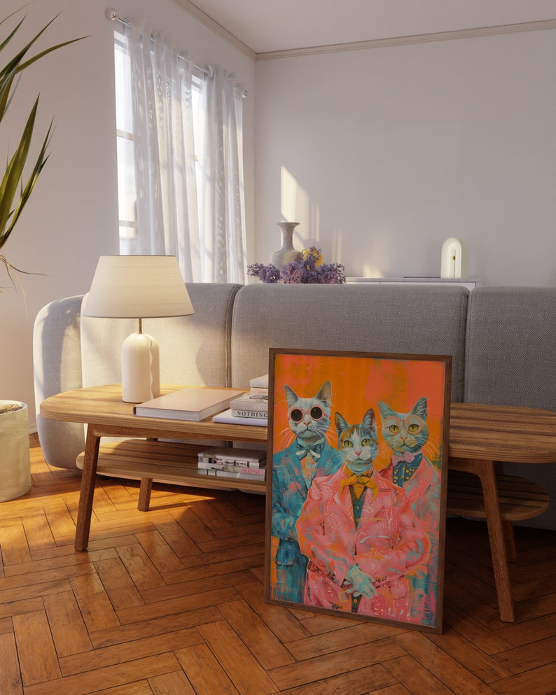 Funny Cats Poster, Maximalist Wall Art, Cute Apartment Decor, Orange ...