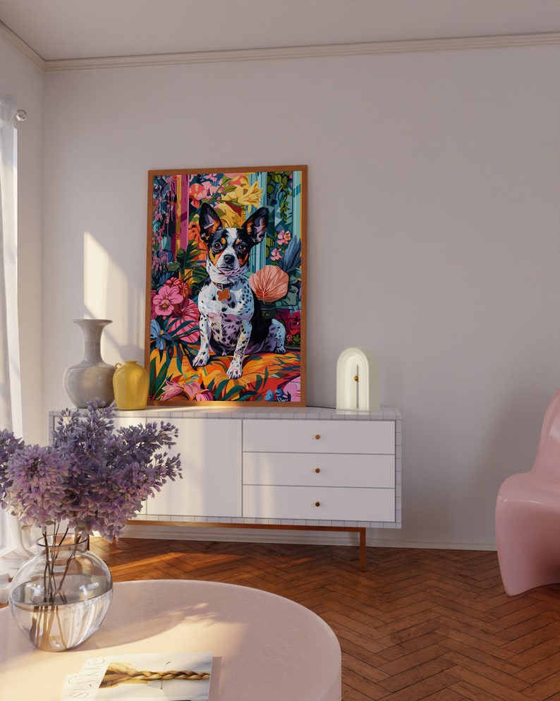 Colorful Dog Poster, Abstract Floral Dog Painting, Cute Apartment Decor, Maximalist Wall Art ...