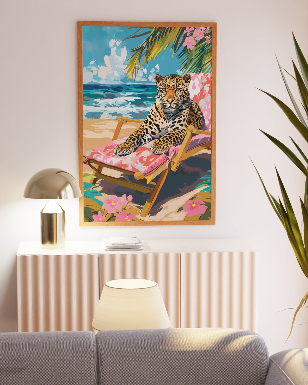 Sunbathing Leopard, Maximalist Wall Art, Leopard Print on the Beach ...