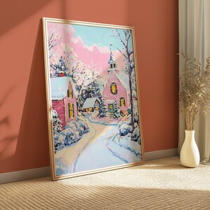 Pink Winter Christmas Village Wall Art, Chic Pastel Winter Painting, Cute Girly Wall Art, Pink ...