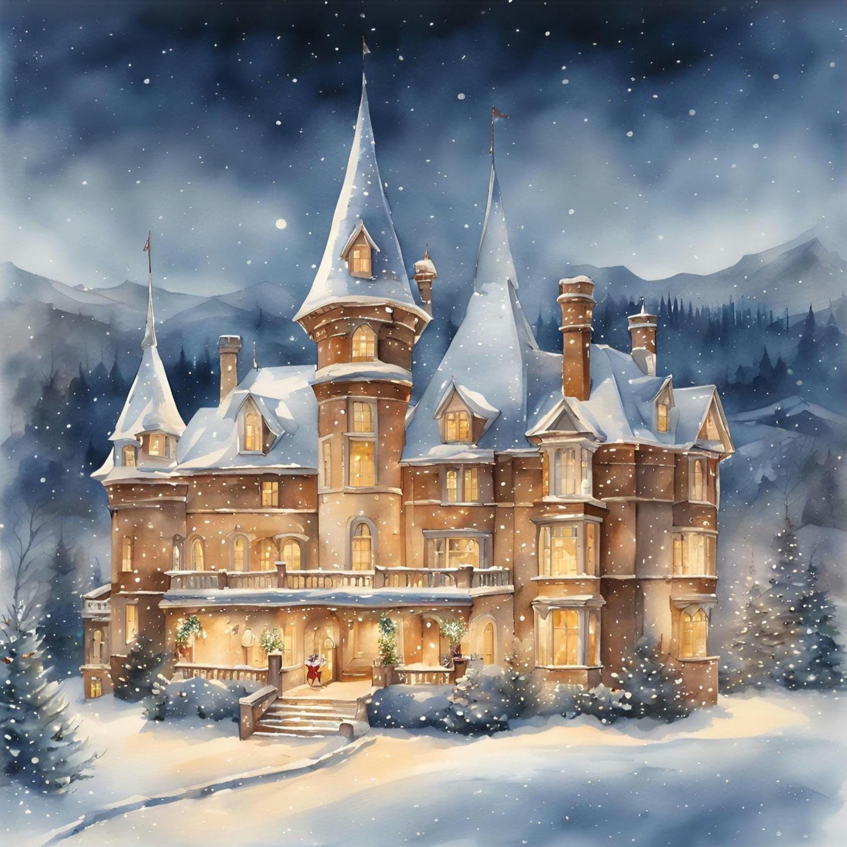 5 Watercolor Magical Winter Castle, Christmas Castle Phone Wallpapers ...