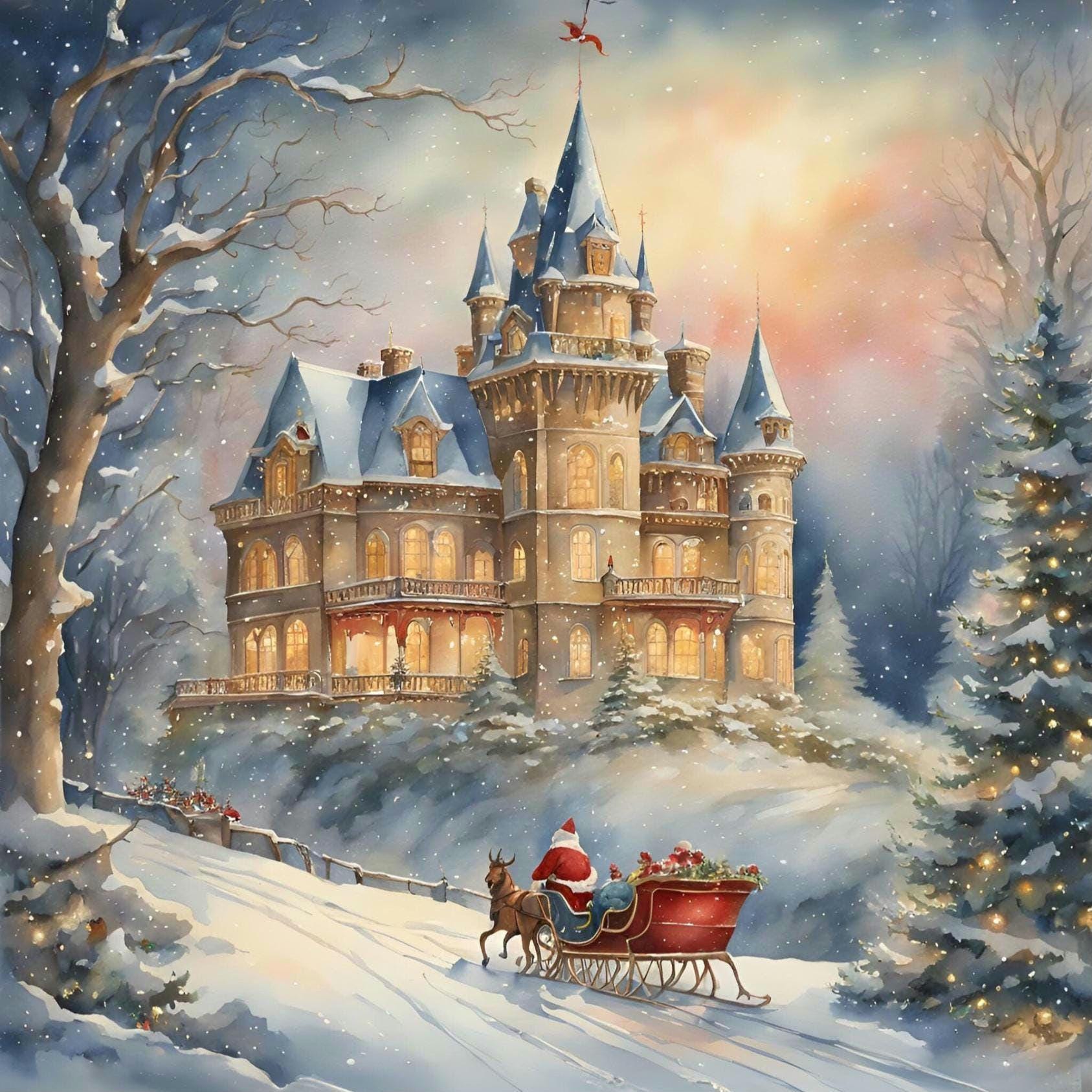 5 Watercolor Magical Winter Castle, Christmas Castle Phone Wallpapers ...