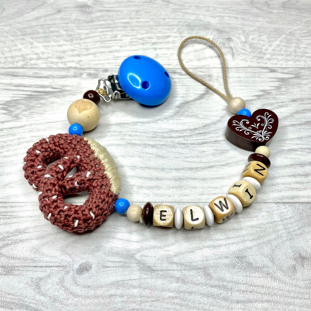 Pacifier Chain Pretzel With Name, Boy Blue Bavarian, Crocheted, Gift ...