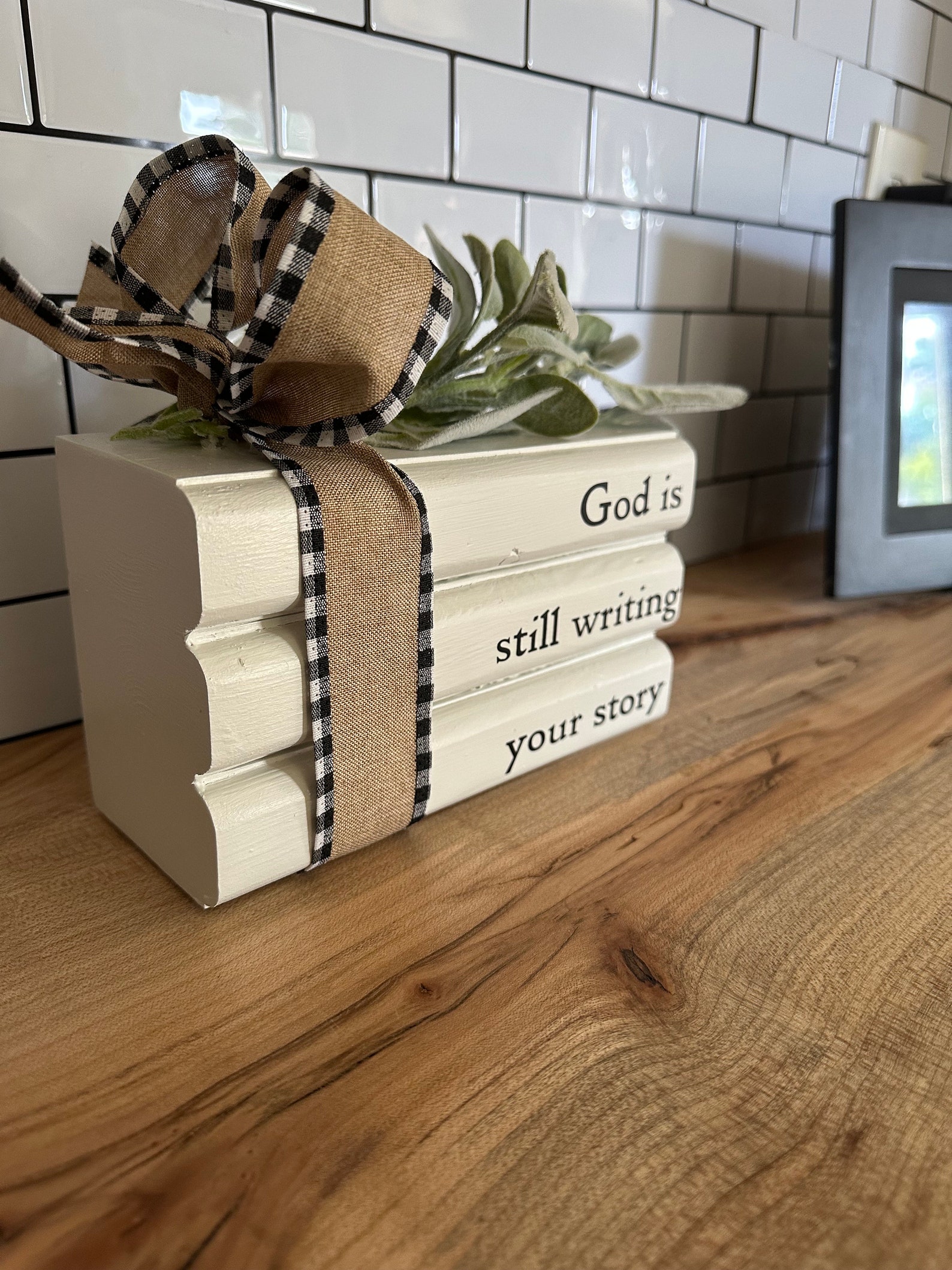 Farmhouse Book Stack Decor // Bookstack // God is Still Writing Our ...