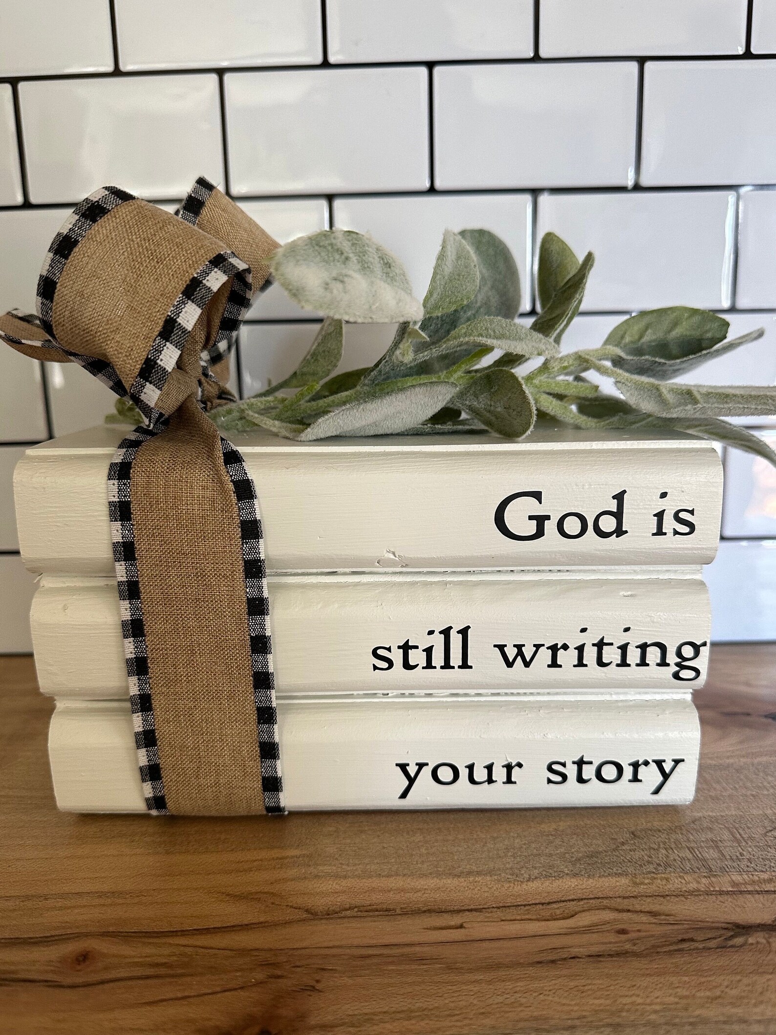 Farmhouse Book Stack Decor // Bookstack // God is Still Writing Our ...