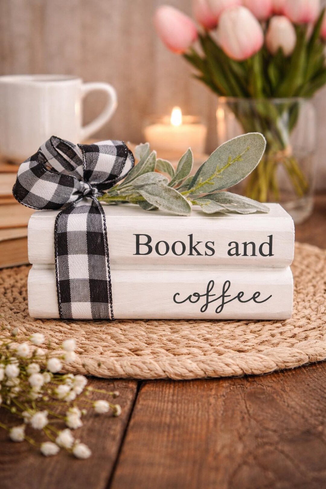 Farmhouse Book Stack Decor | “books and Coffee” | Rustic Wood Book ...