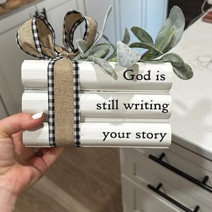 Farmhouse Book Stack Decor // Bookstack // God is Still Writing Our ...