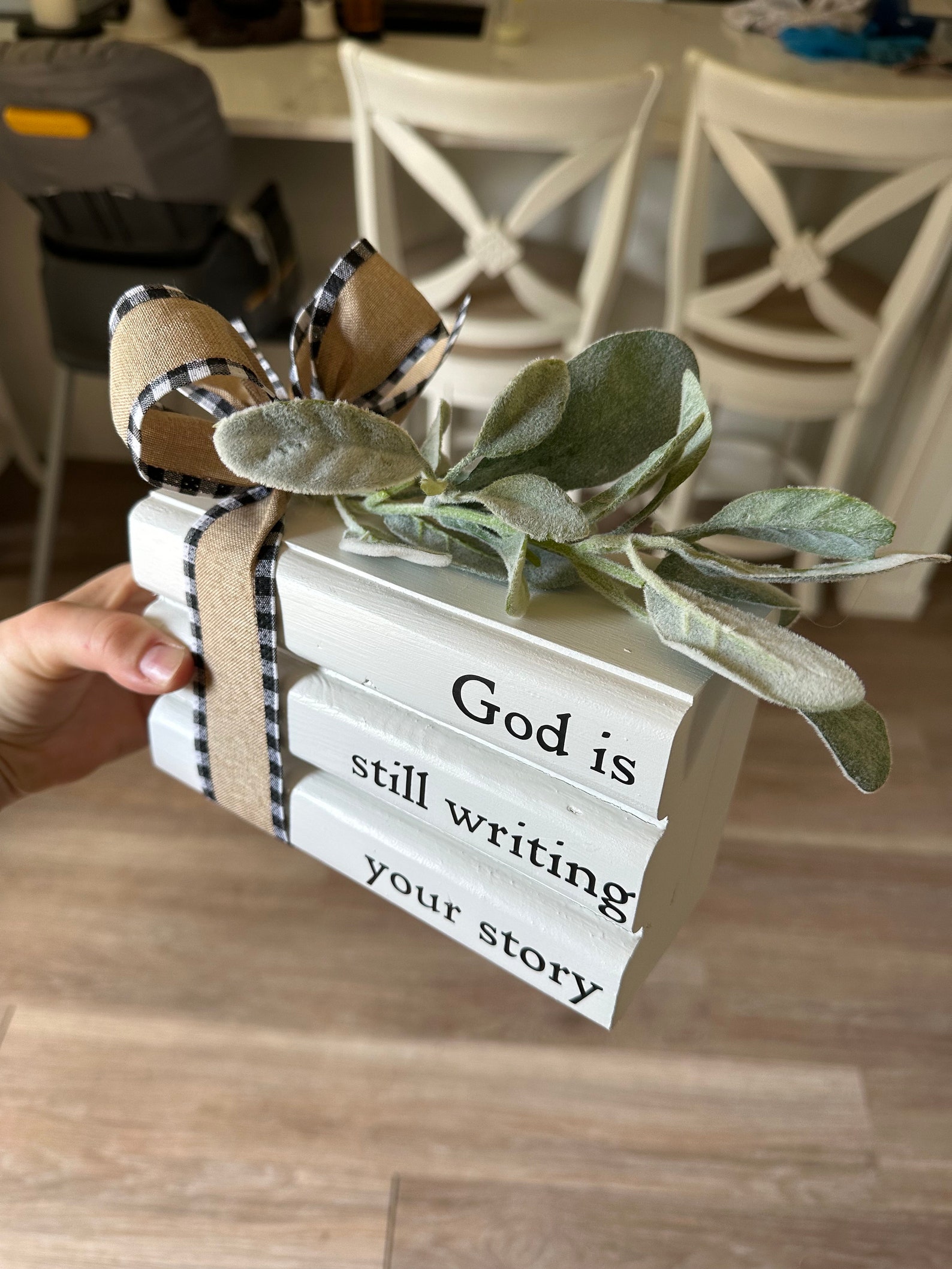 Farmhouse Book Stack Decor // Bookstack // God is Still Writing Our ...