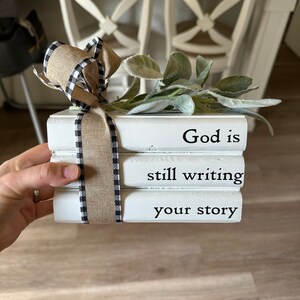 Farmhouse Book Stack Decor // Bookstack // God is Still Writing Our ...