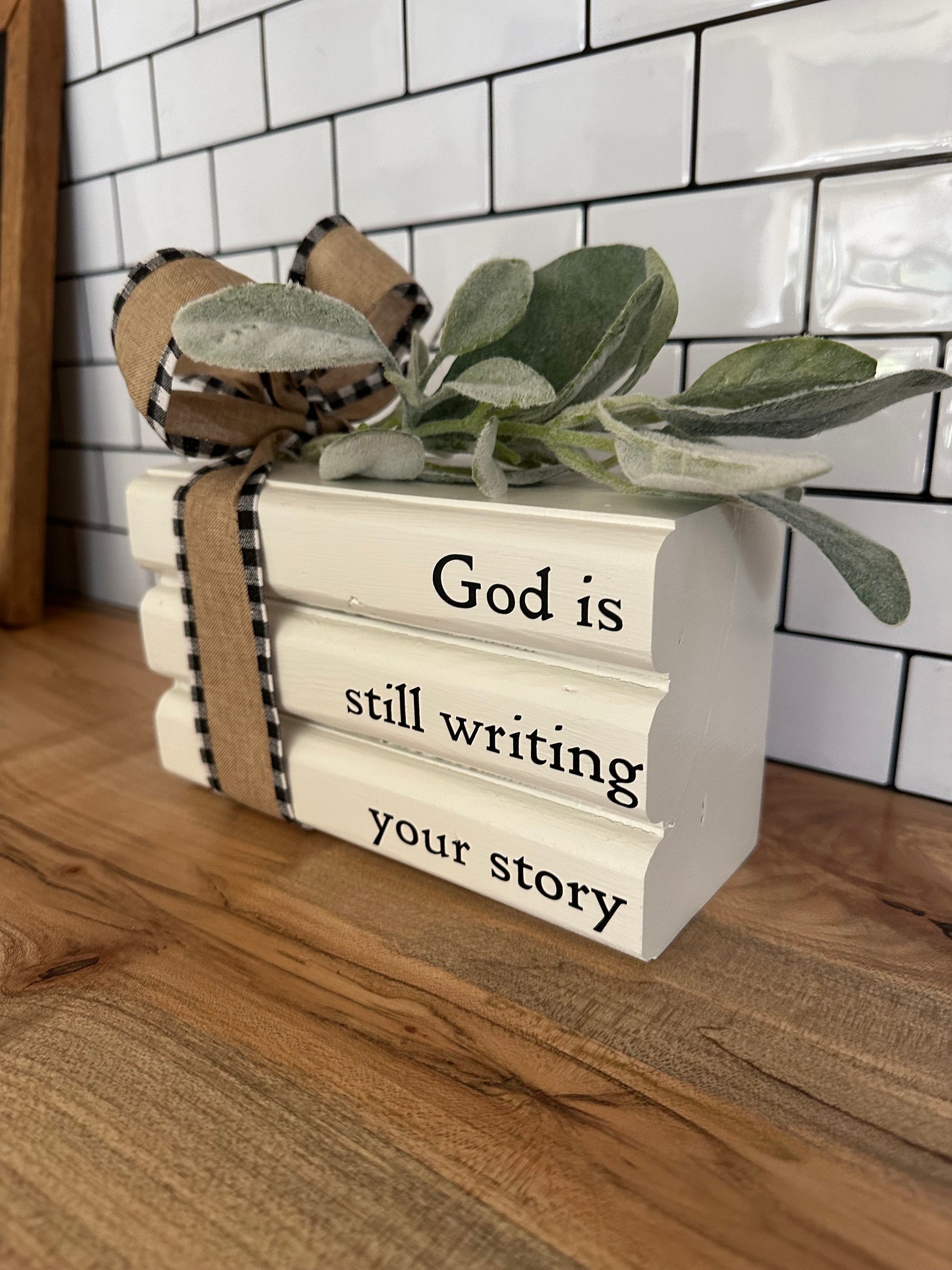 Farmhouse Book Stack Decor // Bookstack // God is Still Writing Our ...