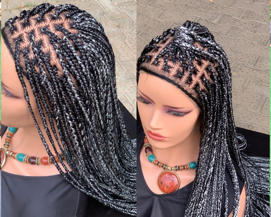 GREY Knotless Braided Wig for Black Women 35glueless Frontal Wig Lace ...